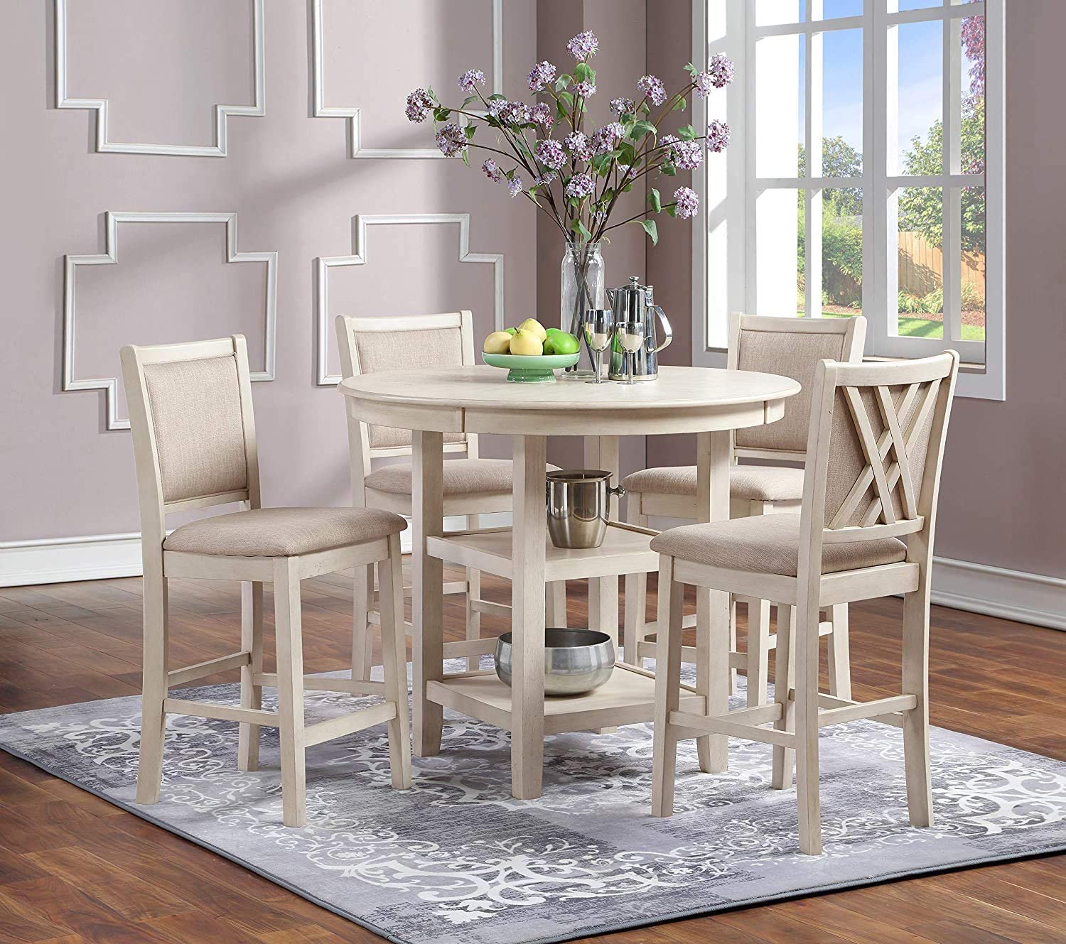 New Classic Furniture Amy 5-Piece Counter Dining Table Set, Beige and Brown