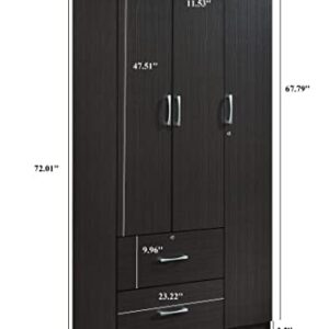 Hodedah 3-Door 2-Drawers, 3-Shelves in Chocolate Bedroom Armoires, 21"D x 36"W x 72"H