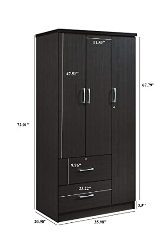 Hodedah 3-Door 2-Drawers, 3-Shelves in Chocolate Bedroom Armoires, 21"D x 36"W x 72"H