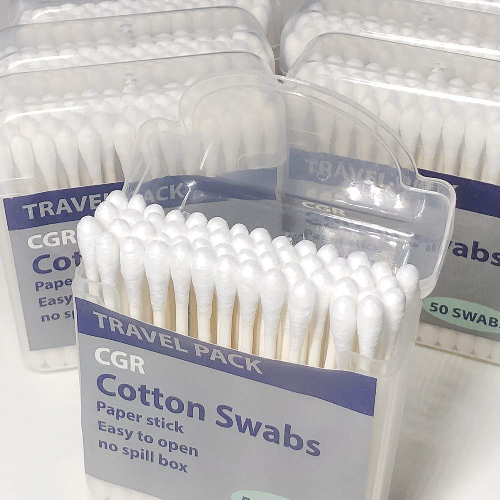 400pcs CGR Organic cotton Swabs, 100% Cotton Double-Tipped, White Paper Sticks(compostable), Travel Pack(8 Pack of 50 Swabs Total)