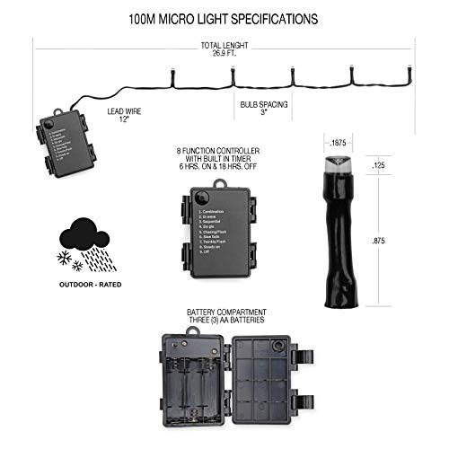 DecoBrite Warm White LED Battery Operated Christmas String Lights with 8 Modes Function 100 ct. 26ft (8m) Micro Bulbs on Green Wire Indoor Outdoor Holidays Patio Decoration (Warm White)