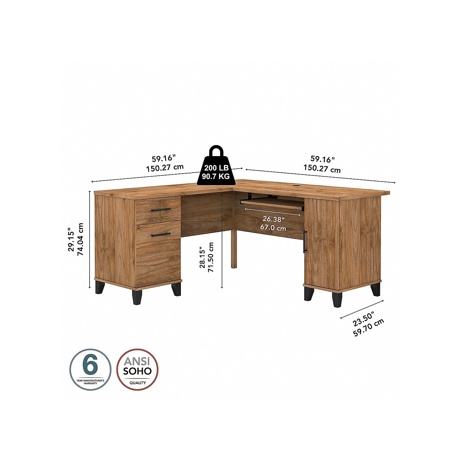 Bush Furniture Somerset L-Shaped Desk with Storage | Study Table with Drawers in Fresh Walnut | Home Office Computer Desk with Cabinets and Pullout Keyboard/Laptop Tray