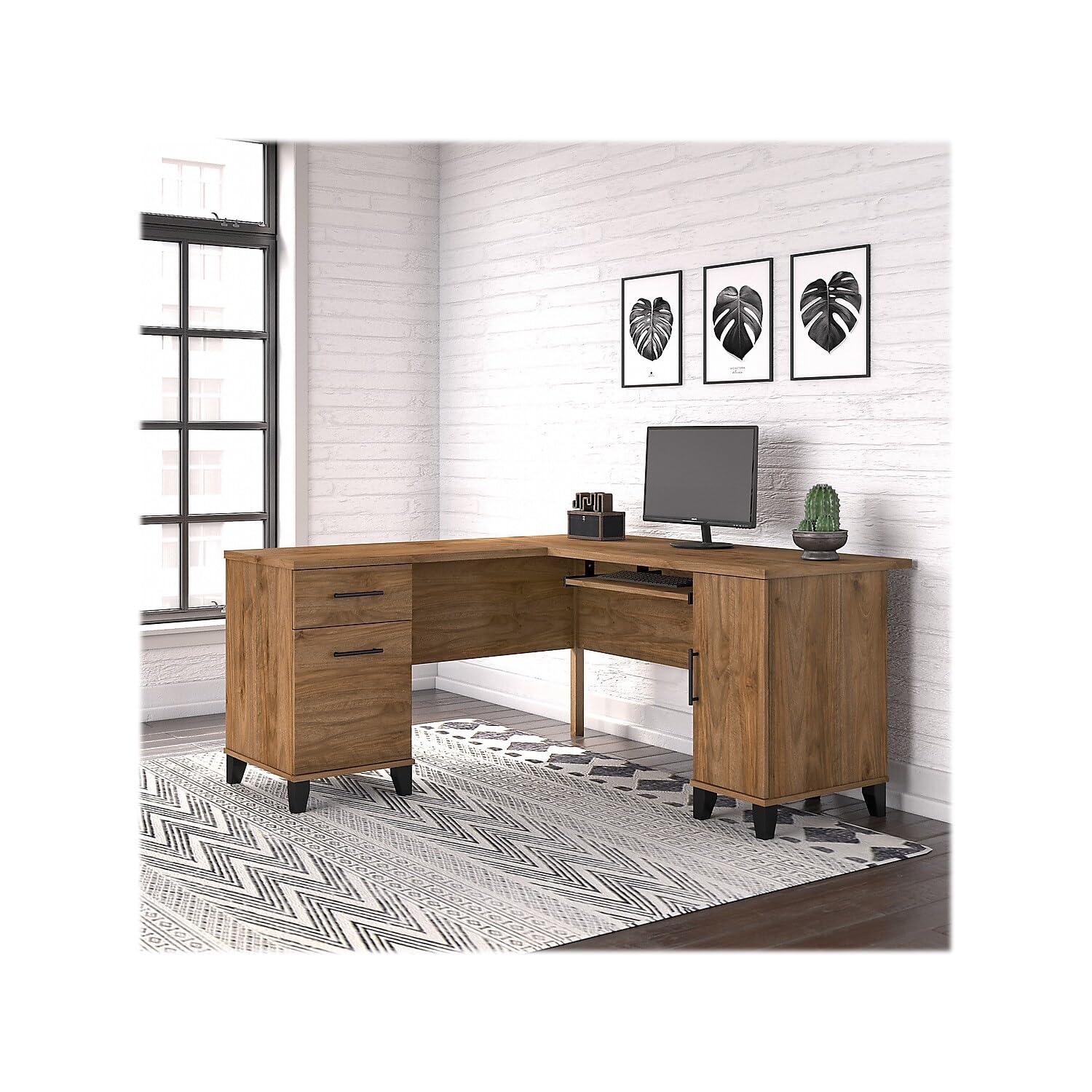 Bush Furniture Somerset L-Shaped Desk with Storage | Study Table with Drawers in Fresh Walnut | Home Office Computer Desk with Cabinets and Pullout Keyboard/Laptop Tray