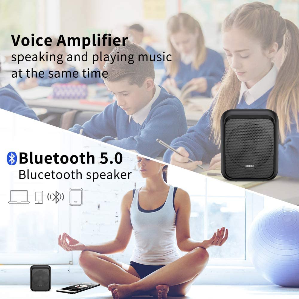 SHIDU Mini Voice Amplifier Portable Rechargeable Bluetooth Speaker with Wired Microphone Headset 10W 1800mAh PA system Supports MP3 Format Audio for Teacher, Taxi Driver, Coaches, Training, Tour Guide