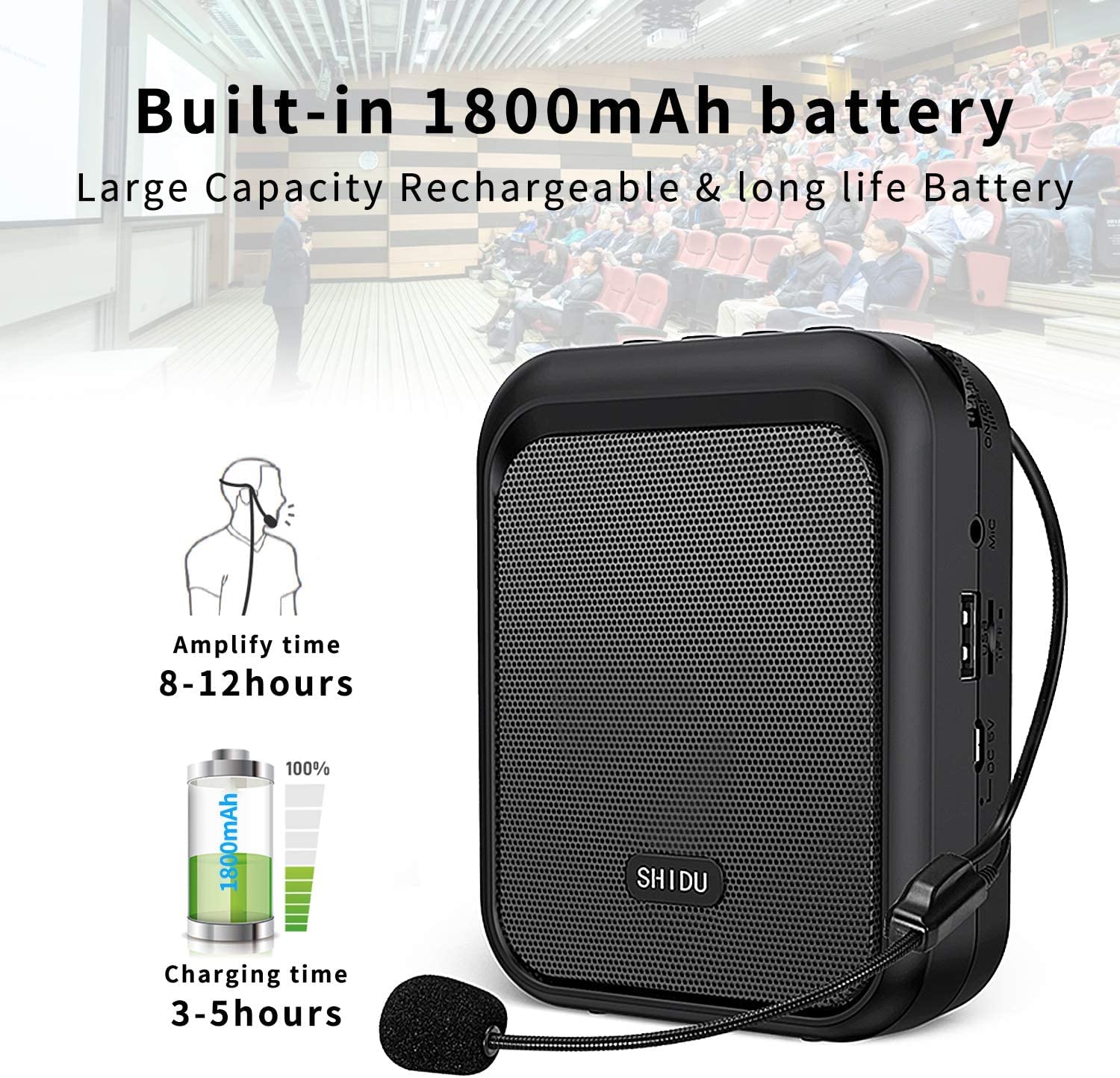 SHIDU Mini Voice Amplifier Portable Rechargeable Bluetooth Speaker with Wired Microphone Headset 10W 1800mAh PA system Supports MP3 Format Audio for Teacher, Taxi Driver, Coaches, Training, Tour Guide