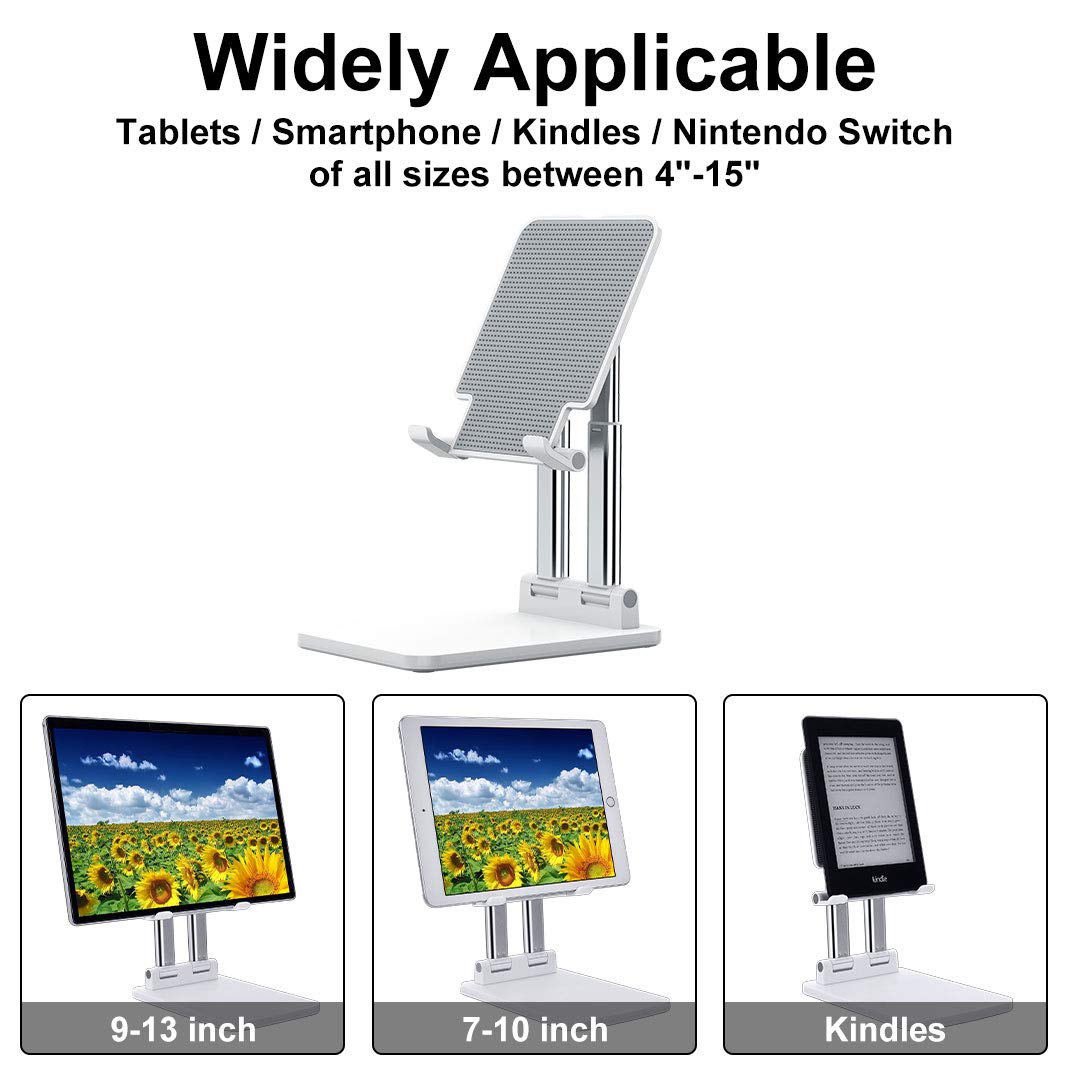 Rosa Schleife Tablet Stand Adjustable Height, Foldable Tablet Holder, Dual Tube Aluminum Solid Tablets Holder, Compatible with iPad, Kindle, Microsoft Surface, Tab, E-Reader, 4-15'' (White)