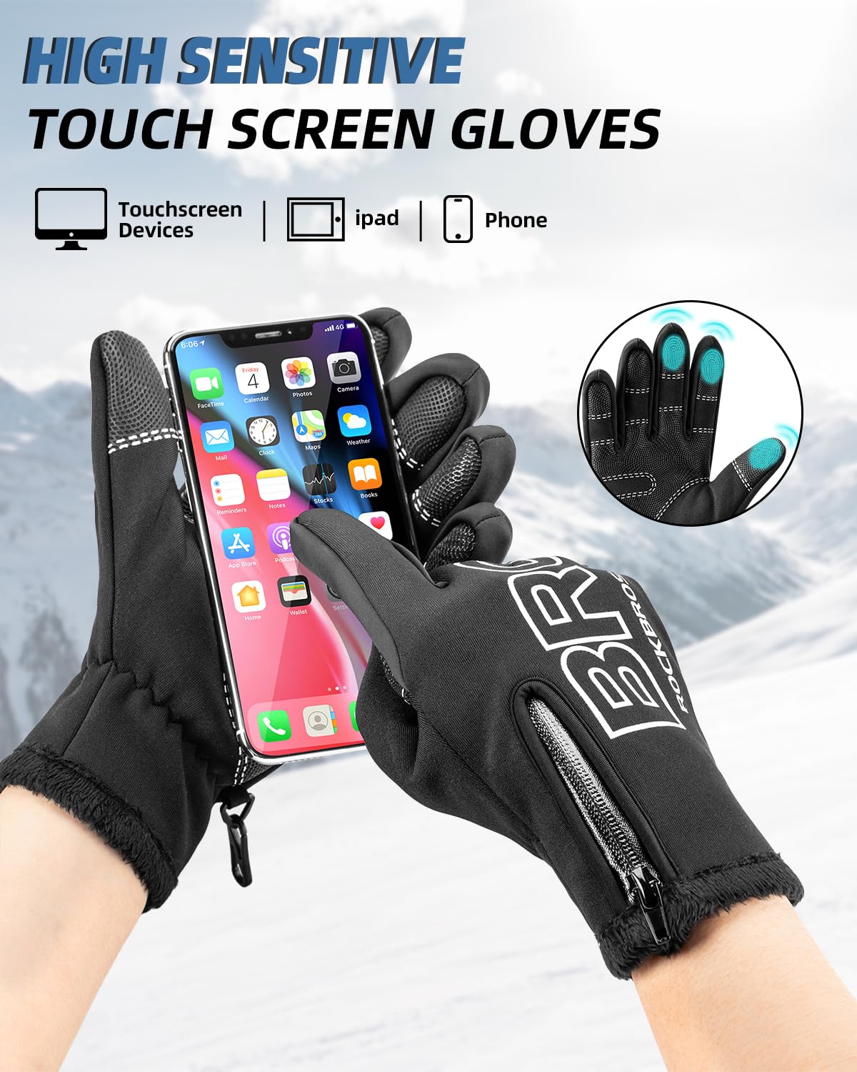 ROCKBROS Winter Cycling Gloves for Men Women Water Resistant Touch Screen Gloves Shock-Absorbing Full Finger Biking Glove Anti-Slip Motorcycle Mountain Bike Gloves, for Fishing, Driving, Golfing