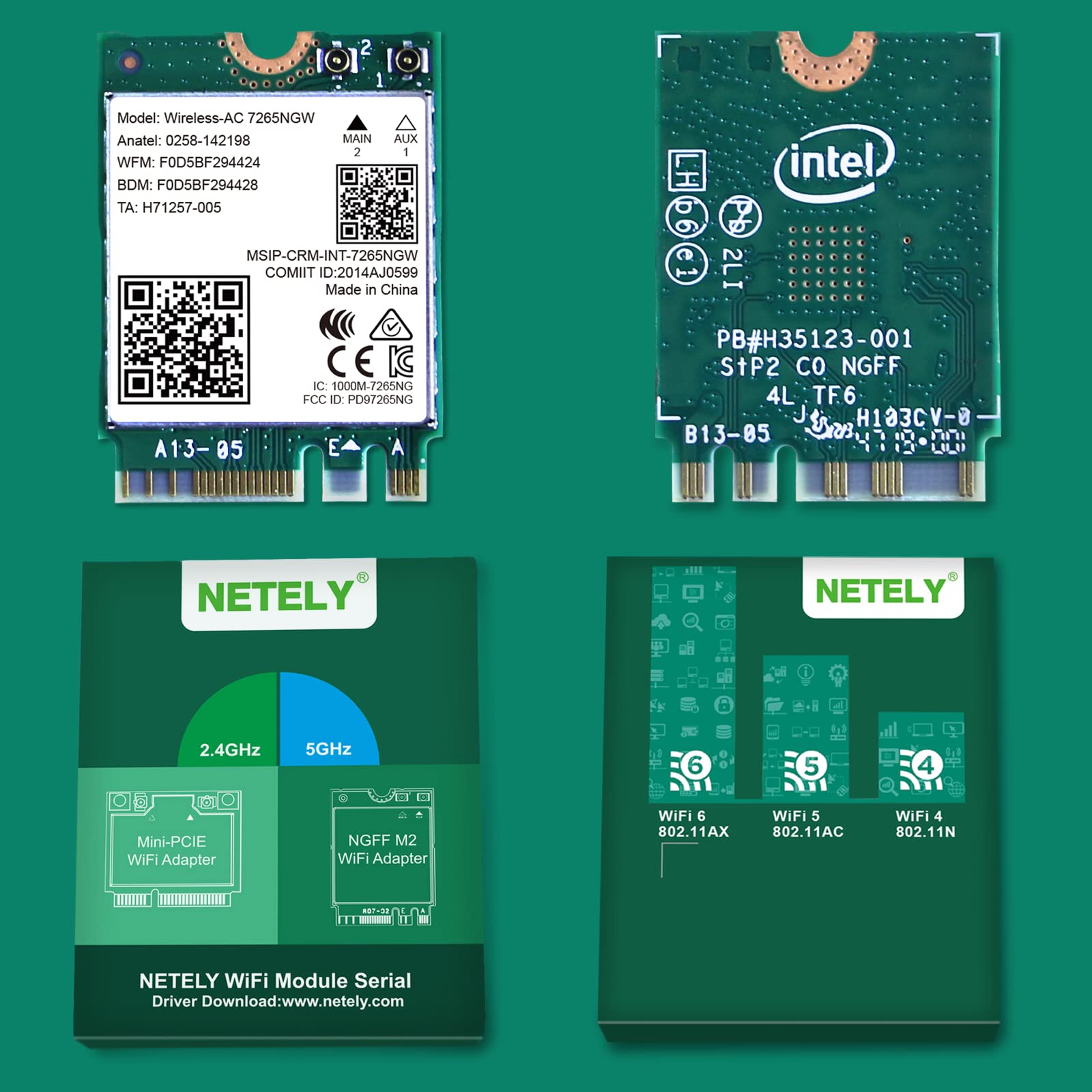 NETELY Wireless-AC 7265NGW NGFF M2 Interface WiFi Adapter with Bluetooth 4.2, Intel Wireless-AC 7265NGW, Wireless-AC 1200Mbps (2.4GHz 300Mbps & 5GHz 867Mbps) WiFi Network Card (Wireless-AC 7265NGW)