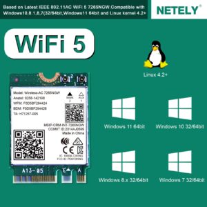 NETELY Wireless-AC 7265NGW NGFF M2 Interface WiFi Adapter with Bluetooth 4.2, Intel Wireless-AC 7265NGW, Wireless-AC 1200Mbps (2.4GHz 300Mbps & 5GHz 867Mbps) WiFi Network Card (Wireless-AC 7265NGW)