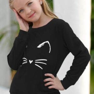 GORLYA Girl's Pullover Tops Cute Cartoon Graphic Print Sweatshirt Clothes for 4-14 Years Kids (GOR1059, 11-12Y, Black)