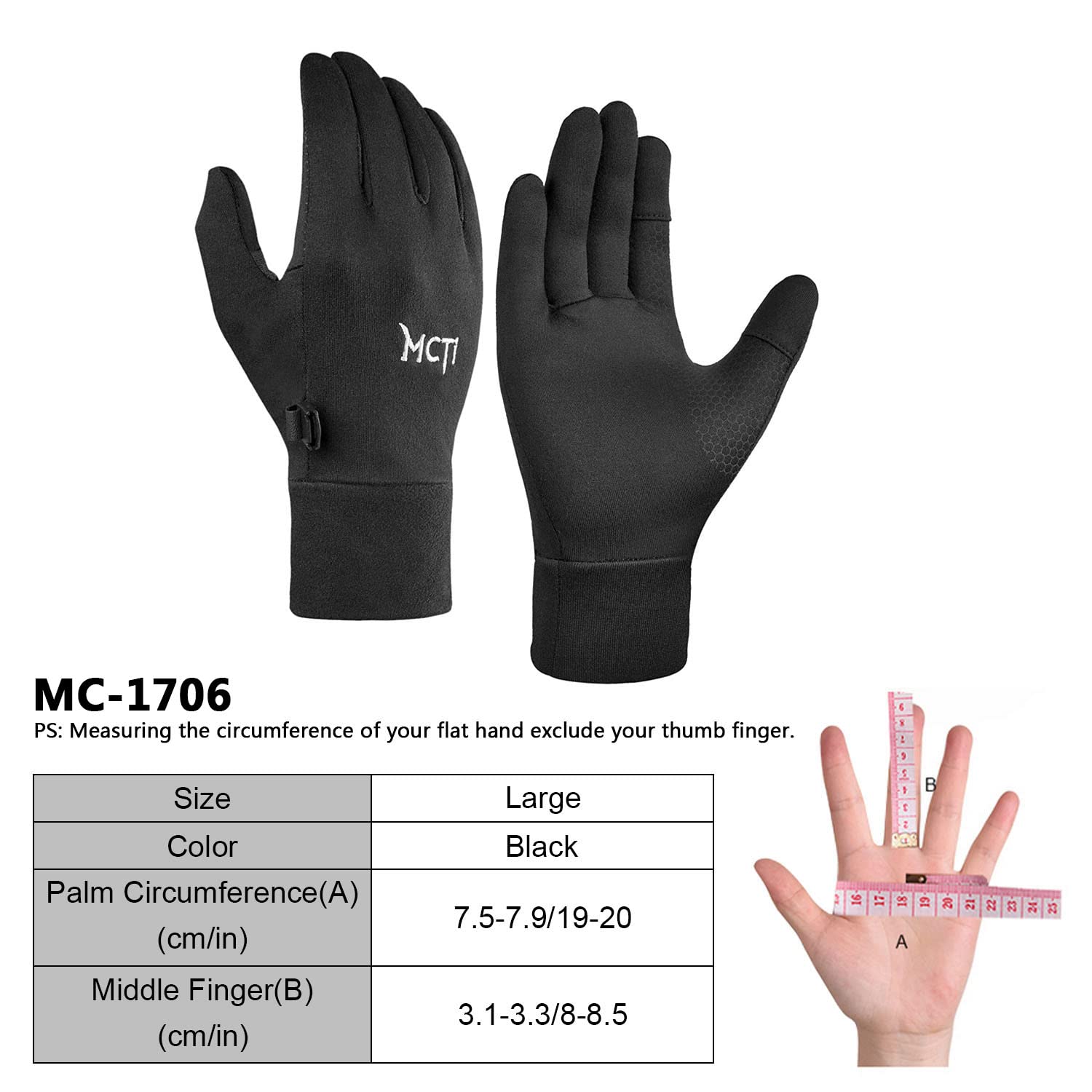 MCTi Mens Ski Gloves MC1605 One Pair(Black, Large) Thin Glove Liner MC-1706 One Pair(Black, Large)