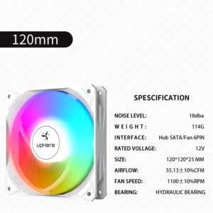 upHere 120mm White Computer Case Fan,Motherboard Sync Fan,High Airflow,Speed Adjustable, ARGB Fan with Fan Hub and Remote,Low Noise Hydraulic Bearing Long Life Up to 40,000 Hours-6 Pack,NT1206-6