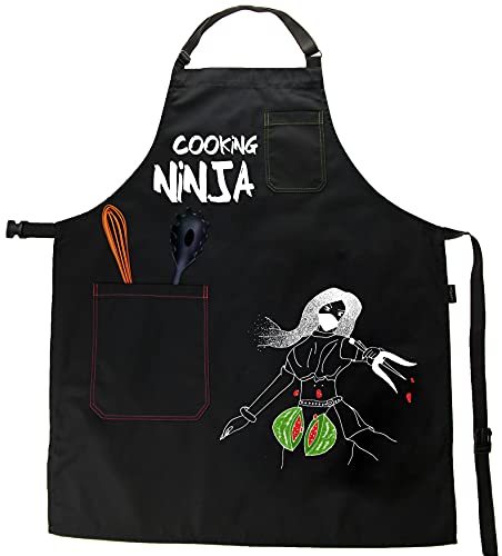 Cute Black Kitchen Bib Apron For Women and Men - With 2 Pockets and Graphic - Multi-sized - For Chefs and Home Cooking - Water Resistant - Gift Box Cooking Ninja Apron for Women