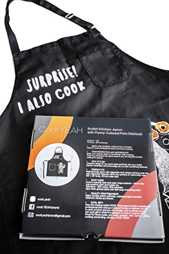 Cute Black Kitchen Bib Apron For Women and Men - With 2 Pockets and Graphic - Multi-sized - For Chefs and Home Cooking - Water Resistant - Gift Box Cooking Ninja Apron for Women