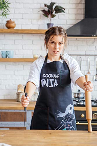 Cute Black Kitchen Bib Apron For Women and Men - With 2 Pockets and Graphic - Multi-sized - For Chefs and Home Cooking - Water Resistant - Gift Box Cooking Ninja Apron for Women