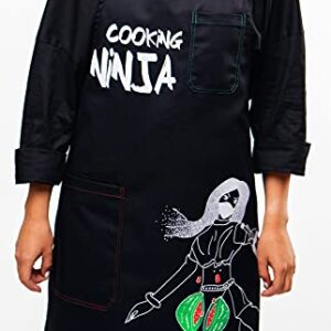 Cute Black Kitchen Bib Apron For Women and Men - With 2 Pockets and Graphic - Multi-sized - For Chefs and Home Cooking - Water Resistant - Gift Box Cooking Ninja Apron for Women