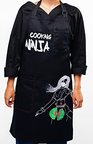 Cute Black Kitchen Bib Apron For Women and Men - With 2 Pockets and Graphic - Multi-sized - For Chefs and Home Cooking - Water Resistant - Gift Box Cooking Ninja Apron for Women