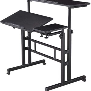 C/N Height Adjustable Rolling Desk Mobile Stand Up Desk with Wheels, Home Office Computer Workstation Desk, Table Laptop Cart for Standing or Sitting