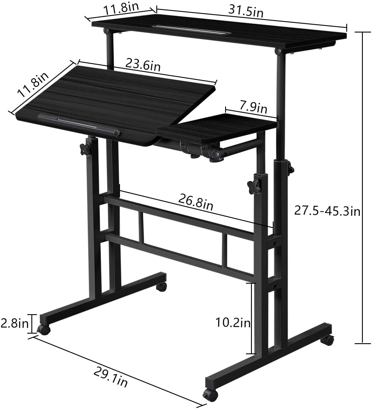 C/N Height Adjustable Rolling Desk Mobile Stand Up Desk with Wheels, Home Office Computer Workstation Desk, Table Laptop Cart for Standing or Sitting