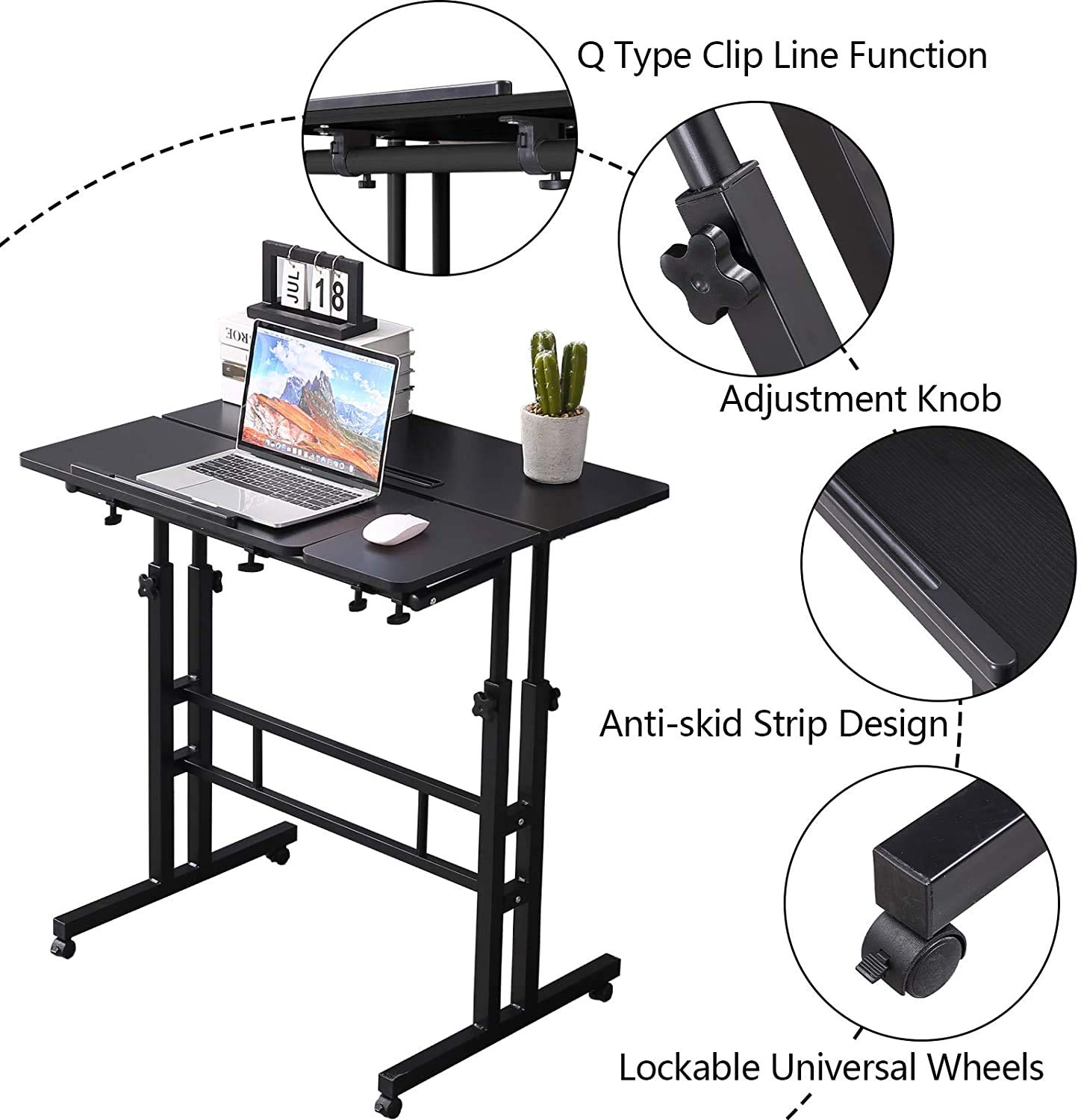 C/N Height Adjustable Rolling Desk Mobile Stand Up Desk with Wheels, Home Office Computer Workstation Desk, Table Laptop Cart for Standing or Sitting