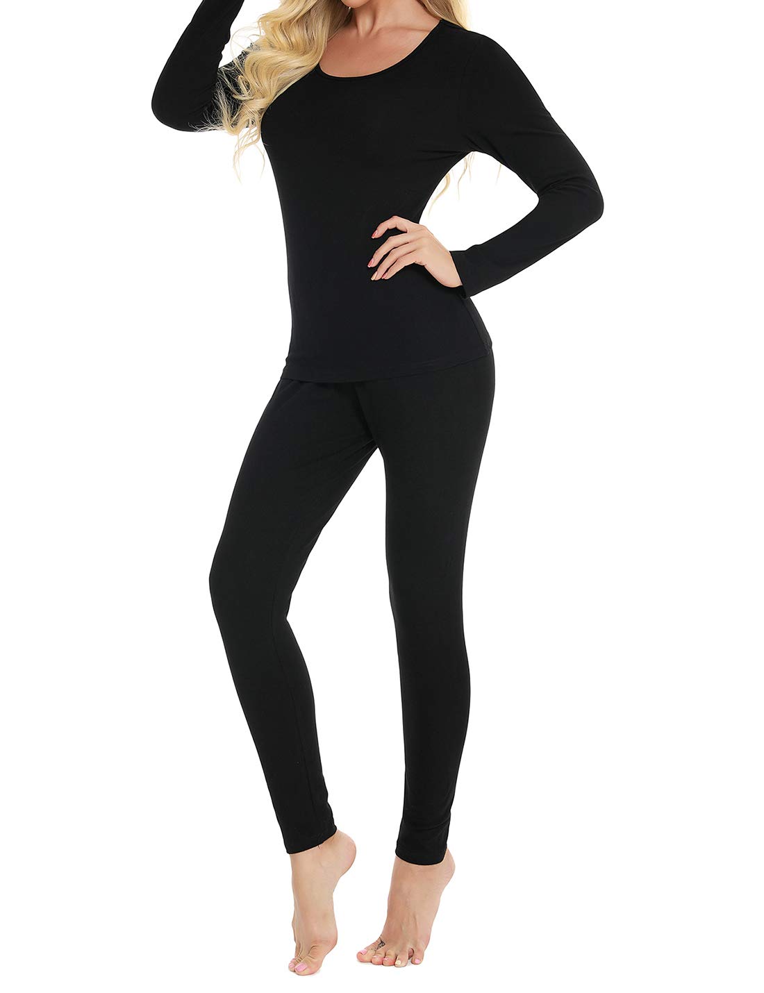 Locachy Cotton Thermal Underwear for Women Ultra Soft Long Johns Top & Bottom Set (Black, Small)