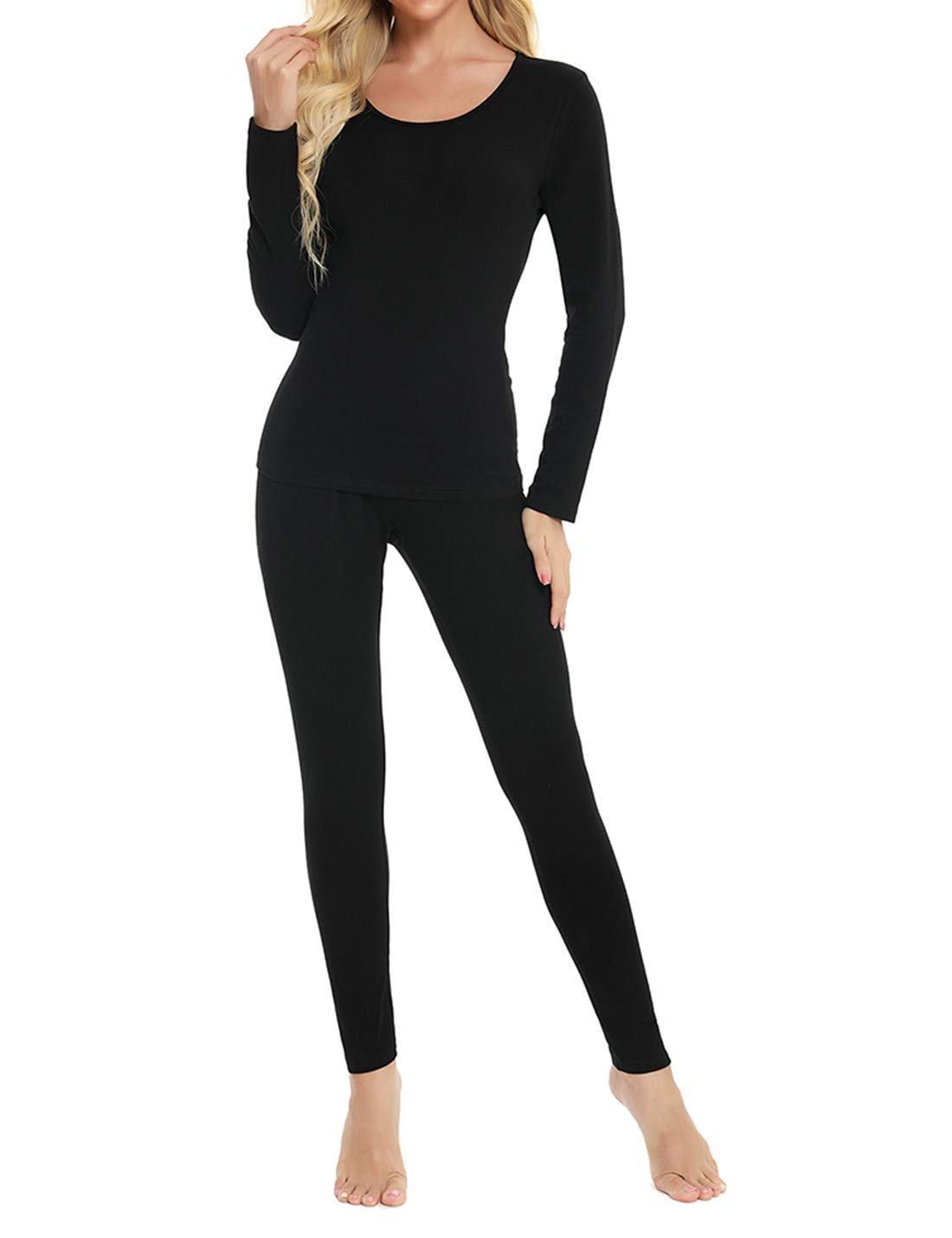 Locachy Cotton Thermal Underwear for Women Ultra Soft Long Johns Top & Bottom Set (Black, Small)