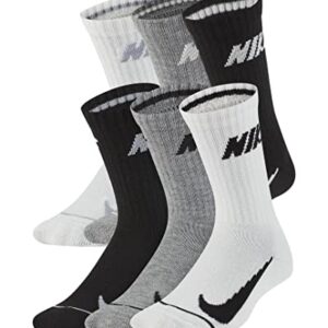 Nike Boy`s Cushioned Crew Socks 6 Pack (Black(BN0509-042)/Grey/White, 5-7(Kids 10C-3Y))