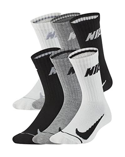 Nike Boy`s Cushioned Crew Socks 6 Pack (Black(BN0509-042)/Grey/White, 5-7(Kids 10C-3Y))