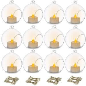 12 pcs 3.15"/ 8cm hanging glass tealight holder globe with led tealight, plant terrariums glass orbs air plants tea light candle holders home decor indoor outdoor garden diy gifts (12 pcs)