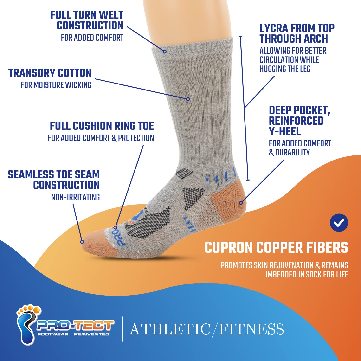 Pro-Tect Copper Athletic Extreme Fitness Socks Made in the USA (2-Pair)