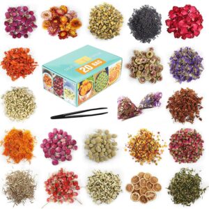 20 Bags Dried Flowers,100% Natural Dried Flowers Herbs Kit for Soap Making, DIY Candle Making,Bath - Include Rose Petals,Lavender,Don't Forget Me,Lilium,Jasmine,Rosebudsand More