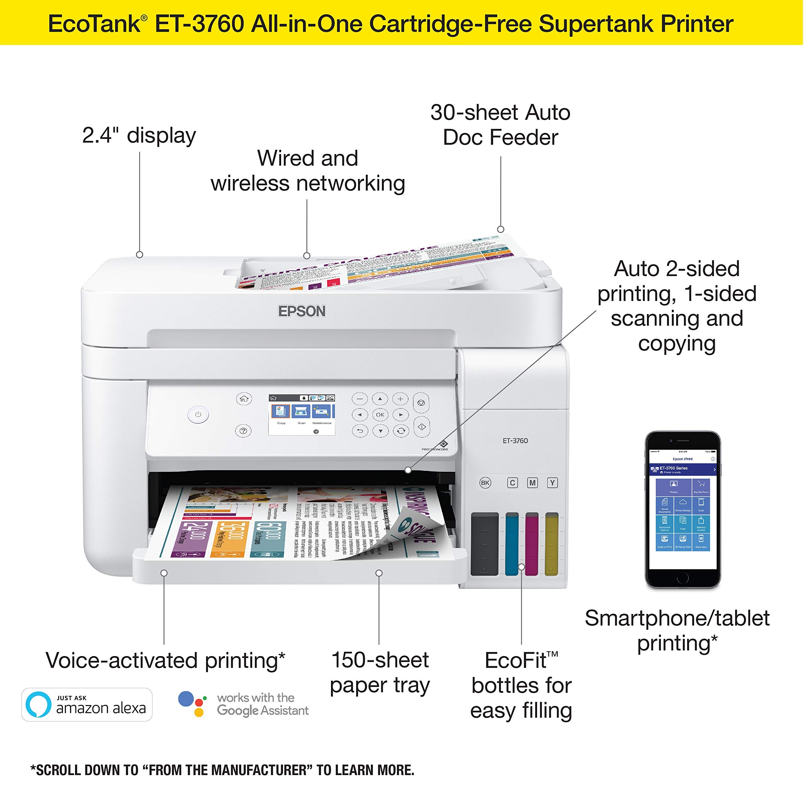 Epson EcoTank ET-3760 Wireless Color All-in-One Cartridge-Free Supertank Printer with Scanner, Copier and Ethernet, Regular (Renewed)