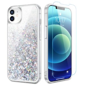 caka iphone 12 pro case, glitter with liquid sparkle, white mineral oil, tpu material, wireless charging compatible, silver (6.1 inches)