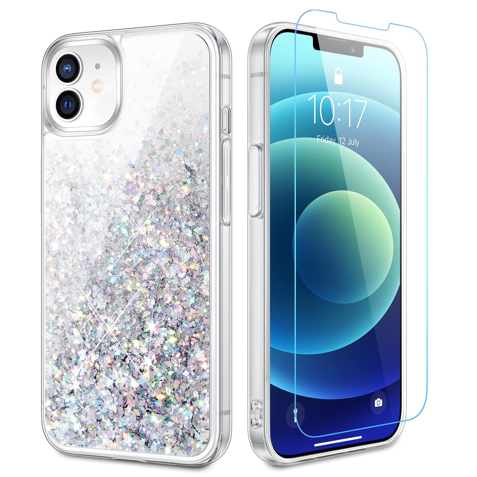 Caka iPhone 12 Pro Case, Glitter with Liquid Sparkle, White Mineral Oil, TPU Material, Wireless Charging Compatible, Silver (6.1 inches)