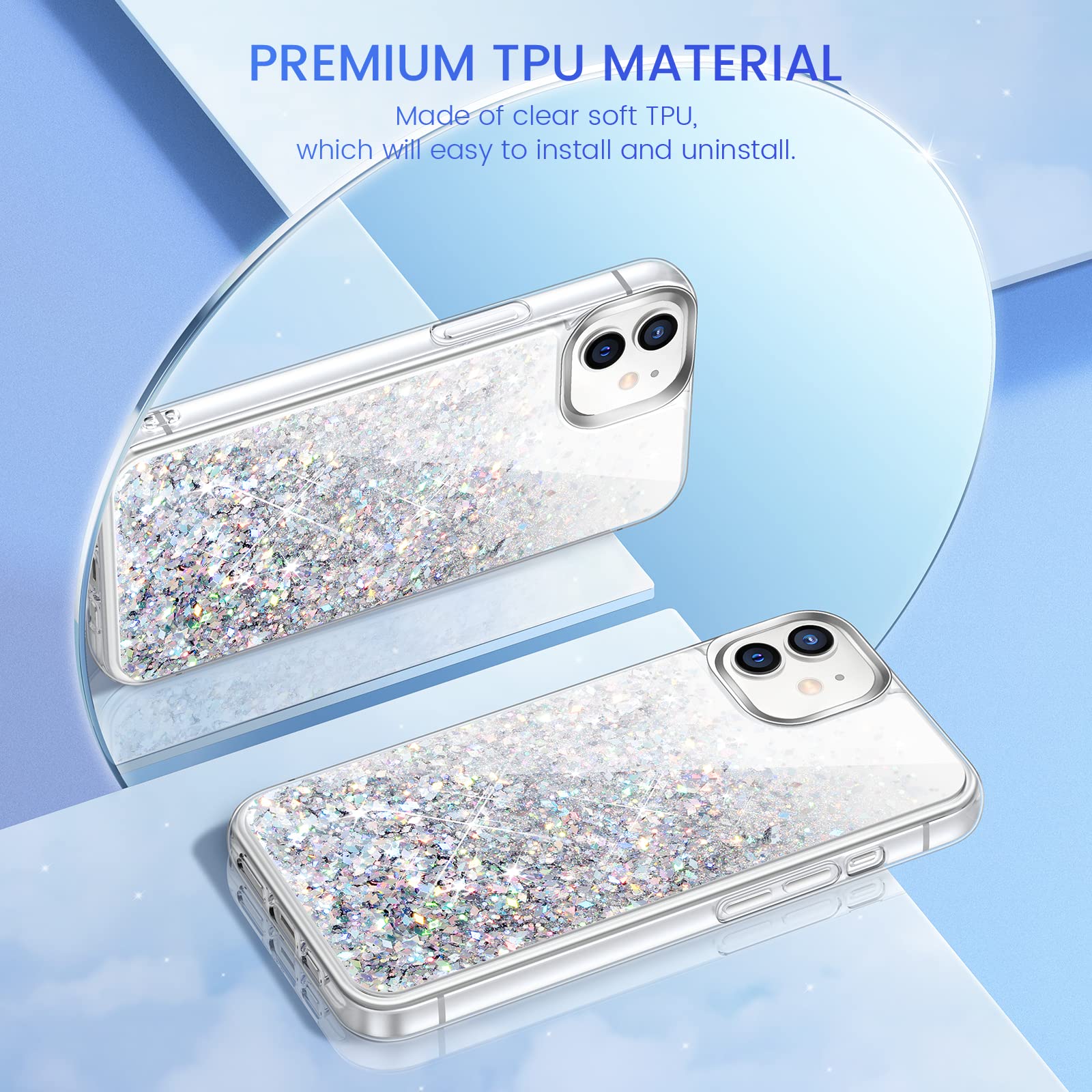 Caka iPhone 12 Pro Case, Glitter with Liquid Sparkle, White Mineral Oil, TPU Material, Wireless Charging Compatible, Silver (6.1 inches)