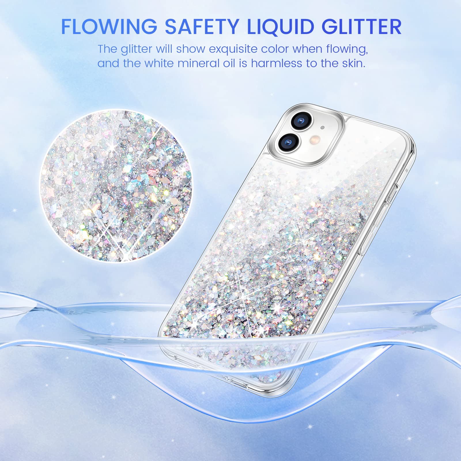 Caka iPhone 12 Pro Case, Glitter with Liquid Sparkle, White Mineral Oil, TPU Material, Wireless Charging Compatible, Silver (6.1 inches)