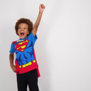 WARNER BROS Boy's Superman Tee with Detachable Superhero Cape, Blue/Red, 100% Cotton, Size 3T