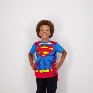 WARNER BROS Boy's Superman Tee with Detachable Superhero Cape, Blue/Red, 100% Cotton, Size 3T