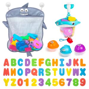 comfylife baby bath toy organizer - bath toy storage for shower - bathtub toy organizer includes foam bath toys (numbers & letters & squirty toys) + extra net that doubles as a toy