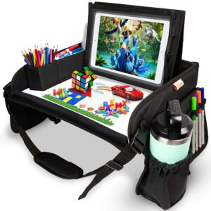 lamela kids travel tray - kids car seat lap tray for toddler & kids car seat activities - learn, play & draw with sturdy dry erase board, pockets for cups, tablet holder stand & kids stuff organizer