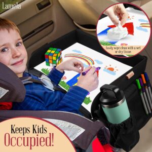 Lamela Kids Travel Tray - Kids Car Seat Lap Tray for Toddler & Kids Car Seat Activities - Learn, Play & Draw with Sturdy Dry Erase Board, Pockets for Cups, Tablet Holder Stand & Kids Stuff Organizer