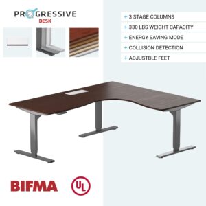 Progressive Desk L Shaped Height Adjustable Standing Desk 59" x 59" - Corner Computer Desk - Electric Stand Up Rising Workstation - Gray Frame/Dark Oak Top