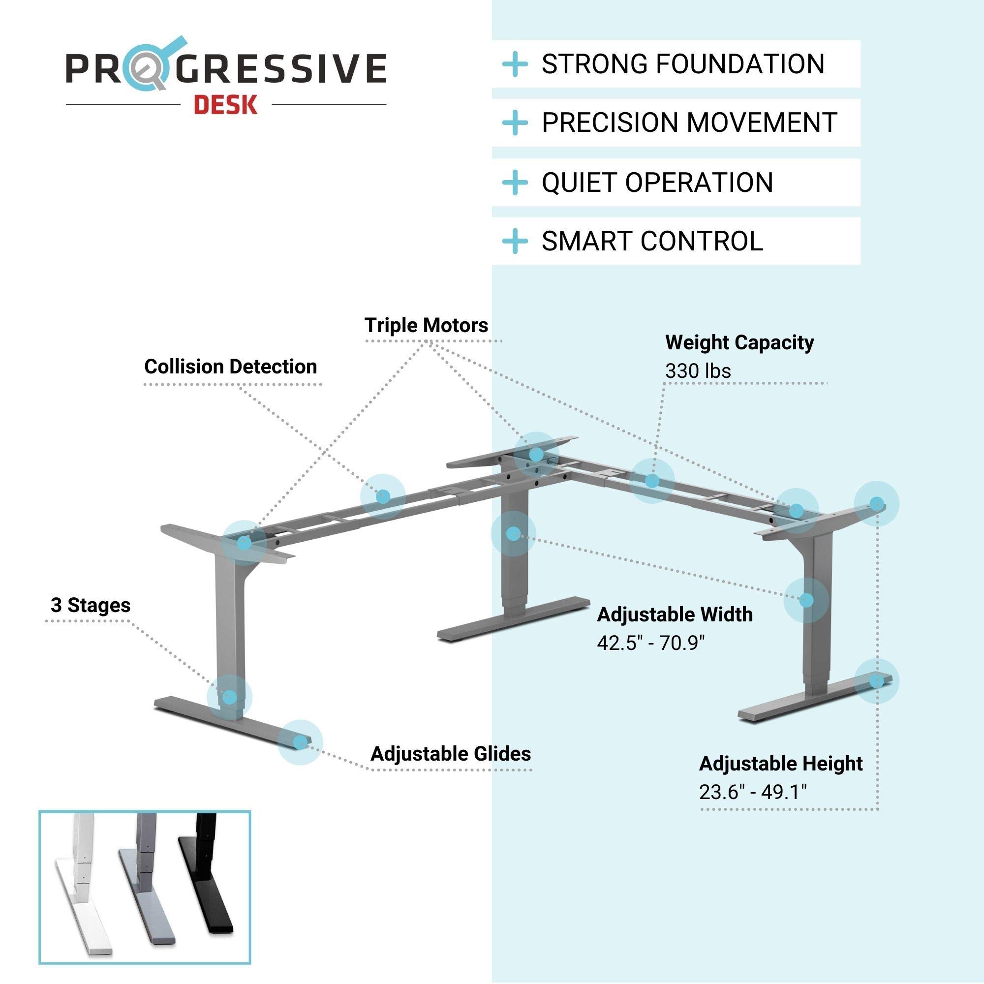 Progressive Desk L Shaped Height Adjustable Standing Desk 59" x 59" - Corner Computer Desk - Electric Stand Up Rising Workstation - Gray Frame/Dark Oak Top