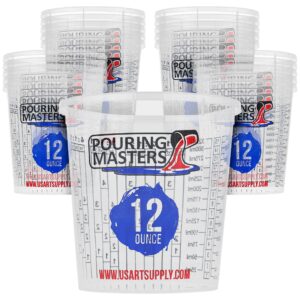 pouring masters 12 ounce (350ml) graduated plastic mixing cups (box of 20) - use for paint, resin, epoxy, art, kitchen, cooking, baking - measurements in oz. and ml., 4 different measuring ratios 1:1