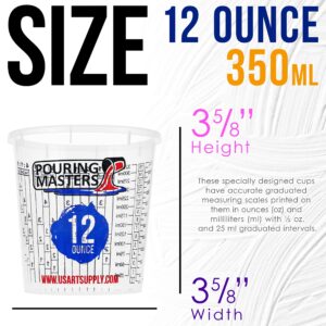 Pouring Masters 12 Ounce (350ml) Graduated Plastic Mixing Cups (Box of 20) - Use for Paint, Resin, Epoxy, Art, Kitchen, Cooking, Baking - Measurements in OZ. and ML., 4 Different Measuring Ratios 1:1