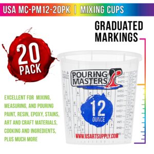 Pouring Masters 12 Ounce (350ml) Graduated Plastic Mixing Cups (Box of 20) - Use for Paint, Resin, Epoxy, Art, Kitchen, Cooking, Baking - Measurements in OZ. and ML., 4 Different Measuring Ratios 1:1