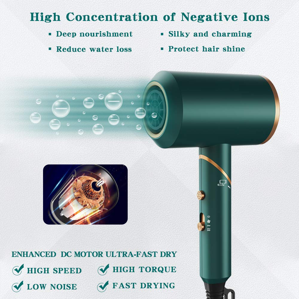 1800W Professional Ionic Hair Dryer with Diffuser and Nozzles for Women,Travel Portable Powerful Blow Dryer for Fast Drying,Compact & Lightweight