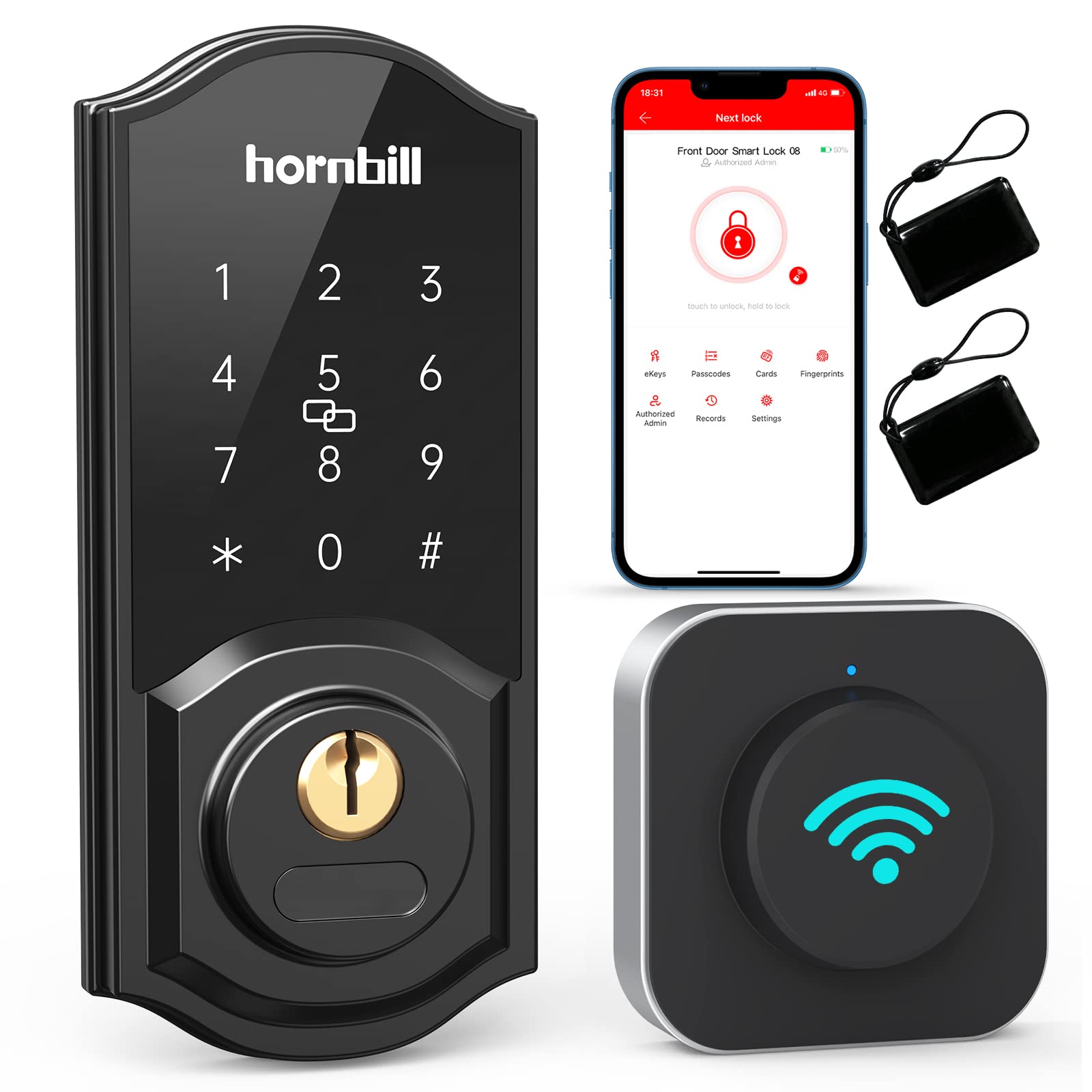 WiFi Smart Door Lock,Hornbill Keyless Entry Keypad Deadbolt with Gateway Remote Control Digital Front Door Lock Bluetooth Electronic Auto Lock Touchscreen Work with Alexa Code for Home Office Airbnb