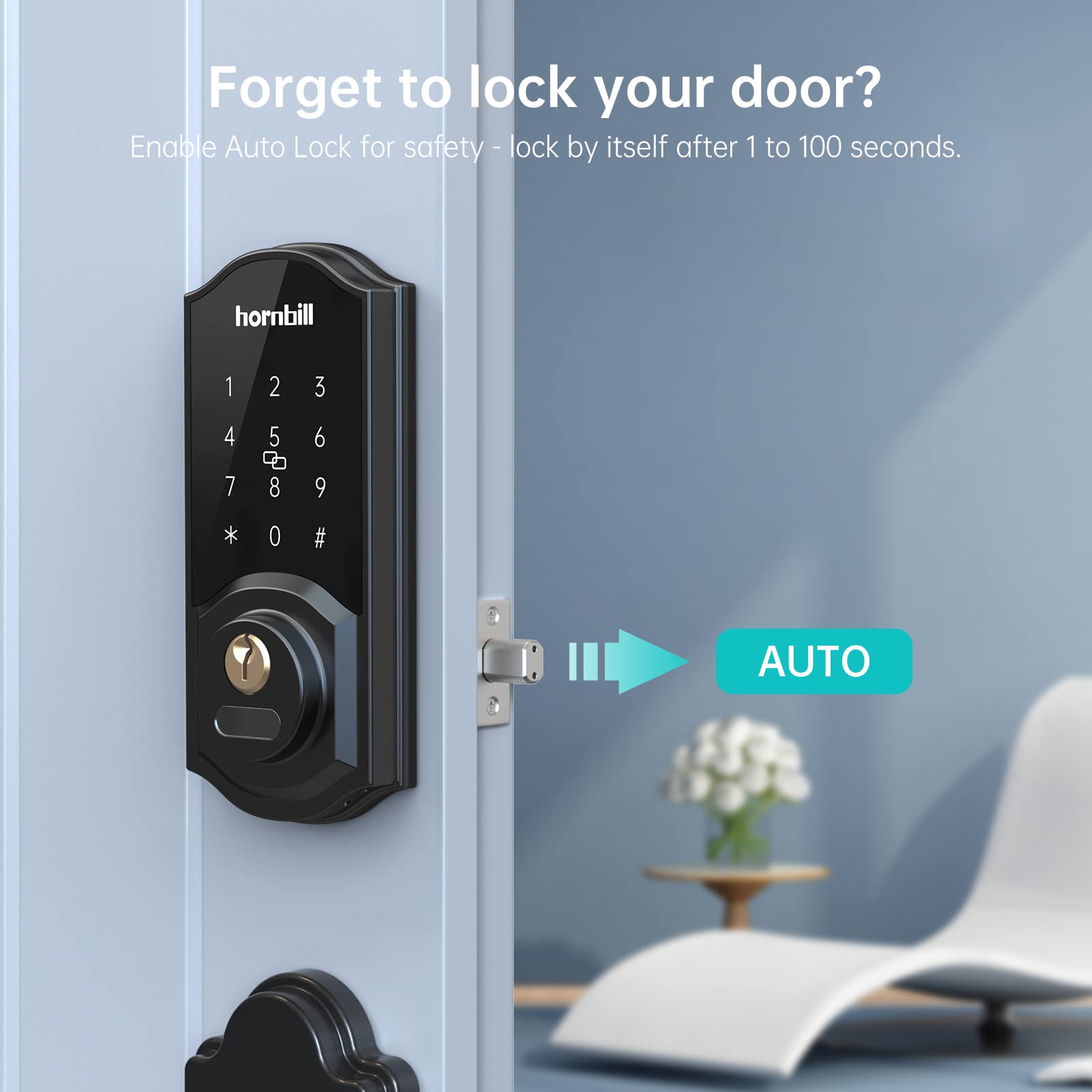 WiFi Smart Door Lock,Hornbill Keyless Entry Keypad Deadbolt with Gateway Remote Control Digital Front Door Lock Bluetooth Electronic Auto Lock Touchscreen Work with Alexa Code for Home Office Airbnb