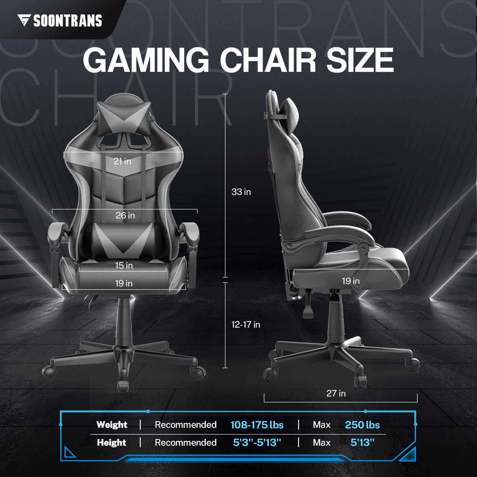 Soontrans Gaming Computer Chair,Game Chair,Ergonomic Gamer Chair,Racing Video Game Chair for Adults Teens with High-Back,Adjustable Headrest and Lumbar Support(Galaxy Grey)